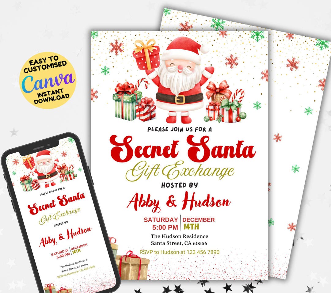 Christmas Secret Santa Party Invitation, Secret Santa Party, Santa ...