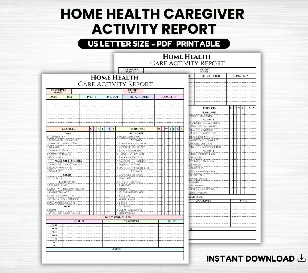 Printable Home Health Caregiver Activity Report, Elder Care Checklist ...