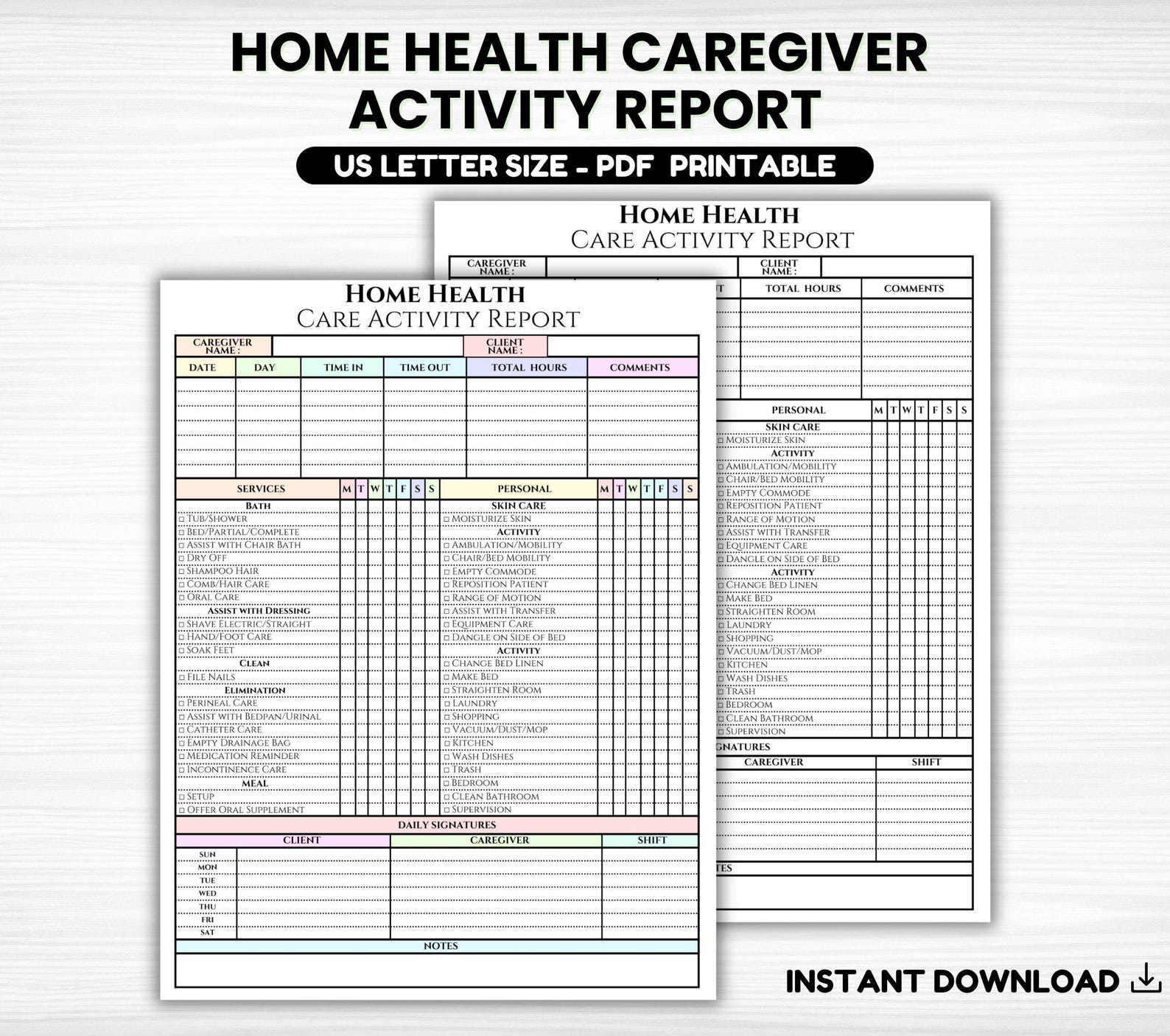 Printable Home Health Caregiver Activity Report, Elder Care Checklist ...