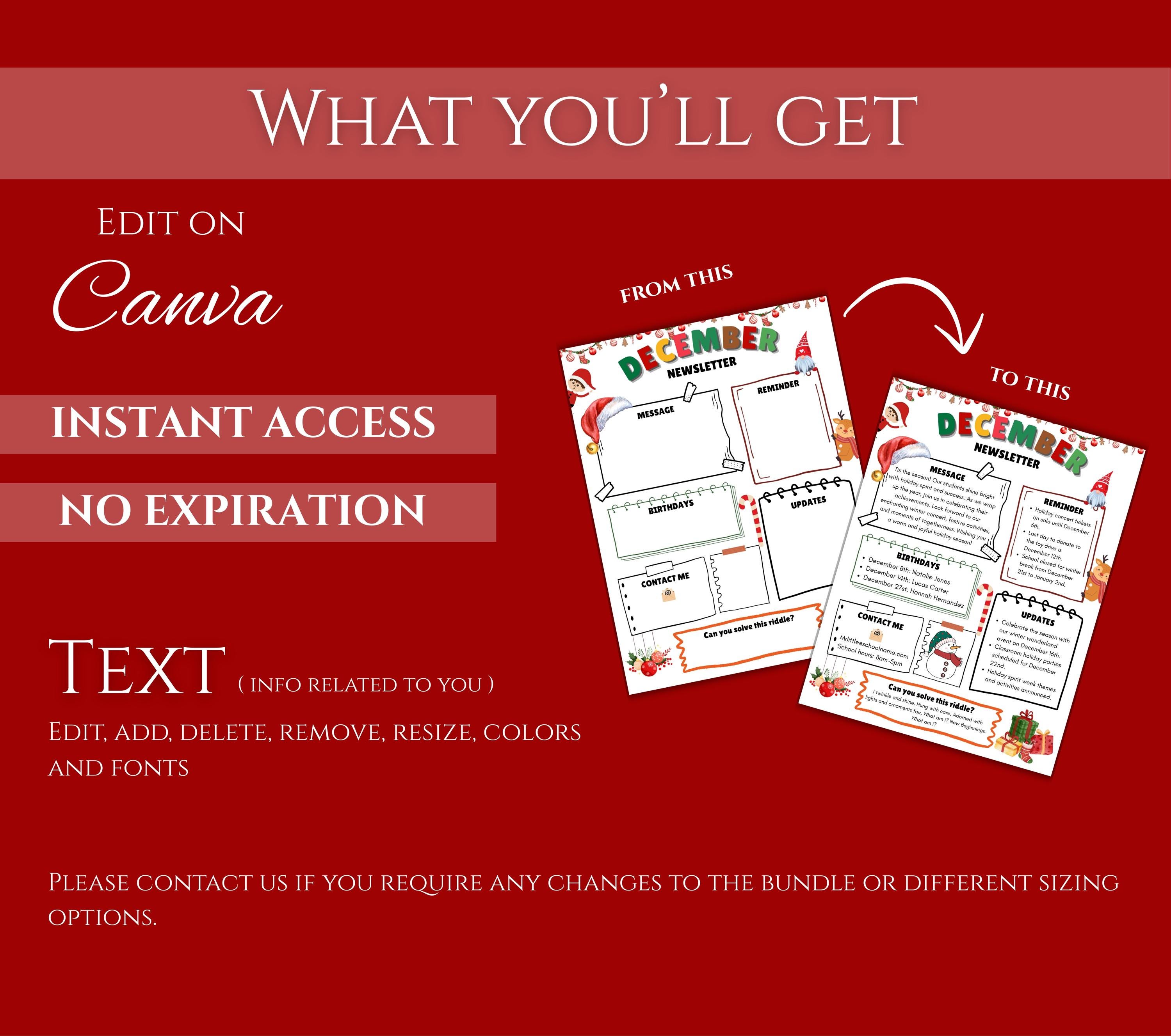 December Monthly Newsletter Template, Back to School, Weekly Classroom ...