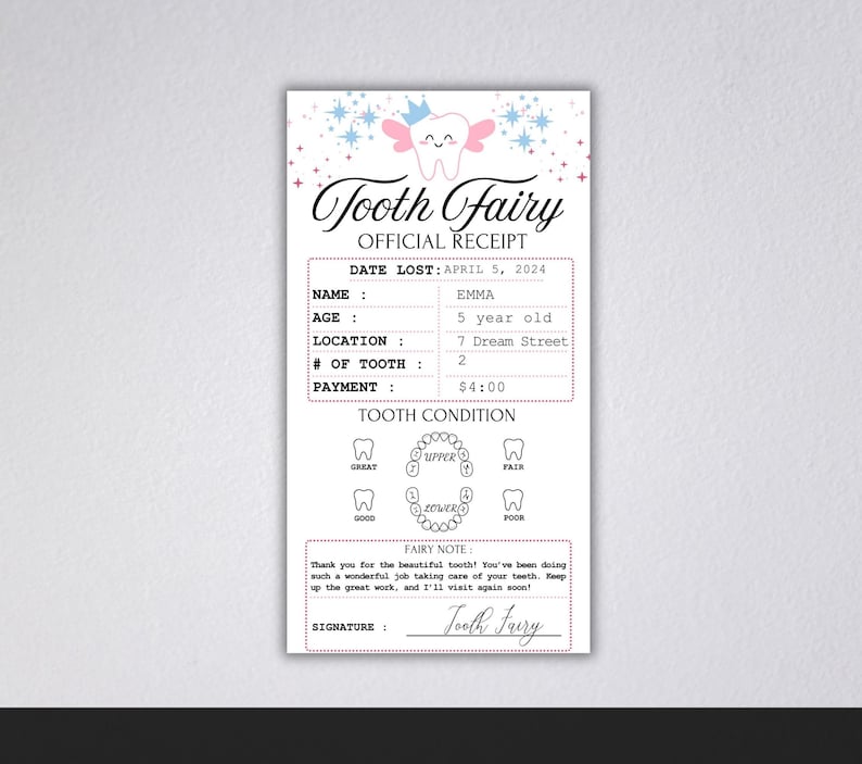 Editable Mini Tooth Fairy Pink Blue Receipt, First Tooth Lost ...
