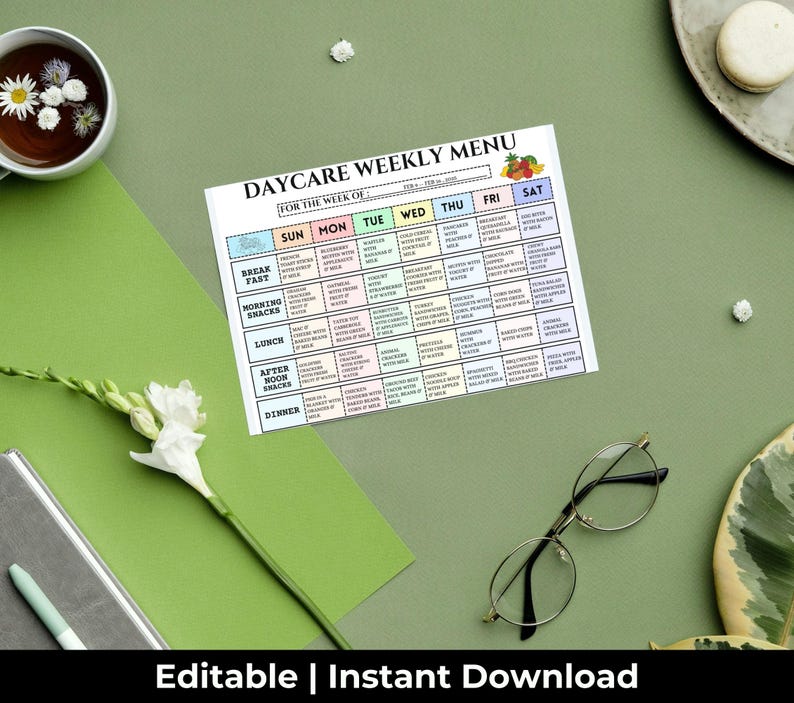 Home Daycare Weekly Menu Editable, Preschool Menu, Home School Meal ...