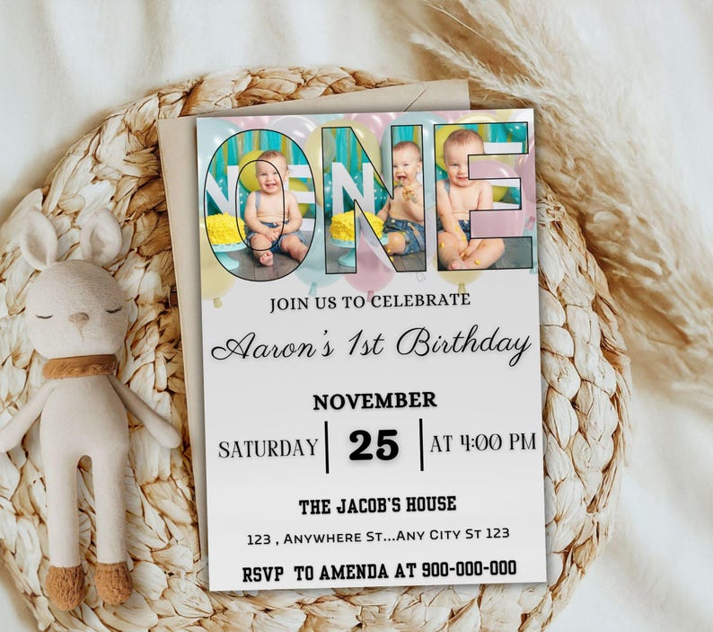 Editable 1st Birthday Photo Invitation Template, Boy Birthday Party ...
