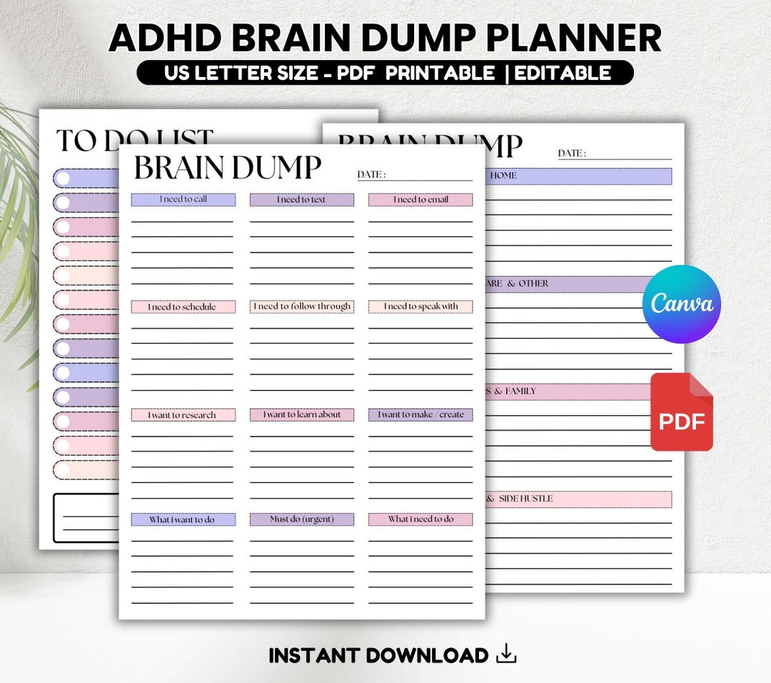 Editable ADHD Brain Dump Printable, ADHD Planner, to Do List Template ...