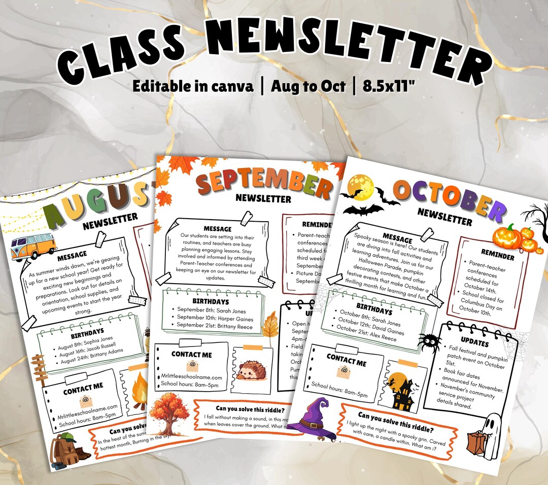 Monthly Newsletter Template Set, Back to School, Weekly Classroom ...