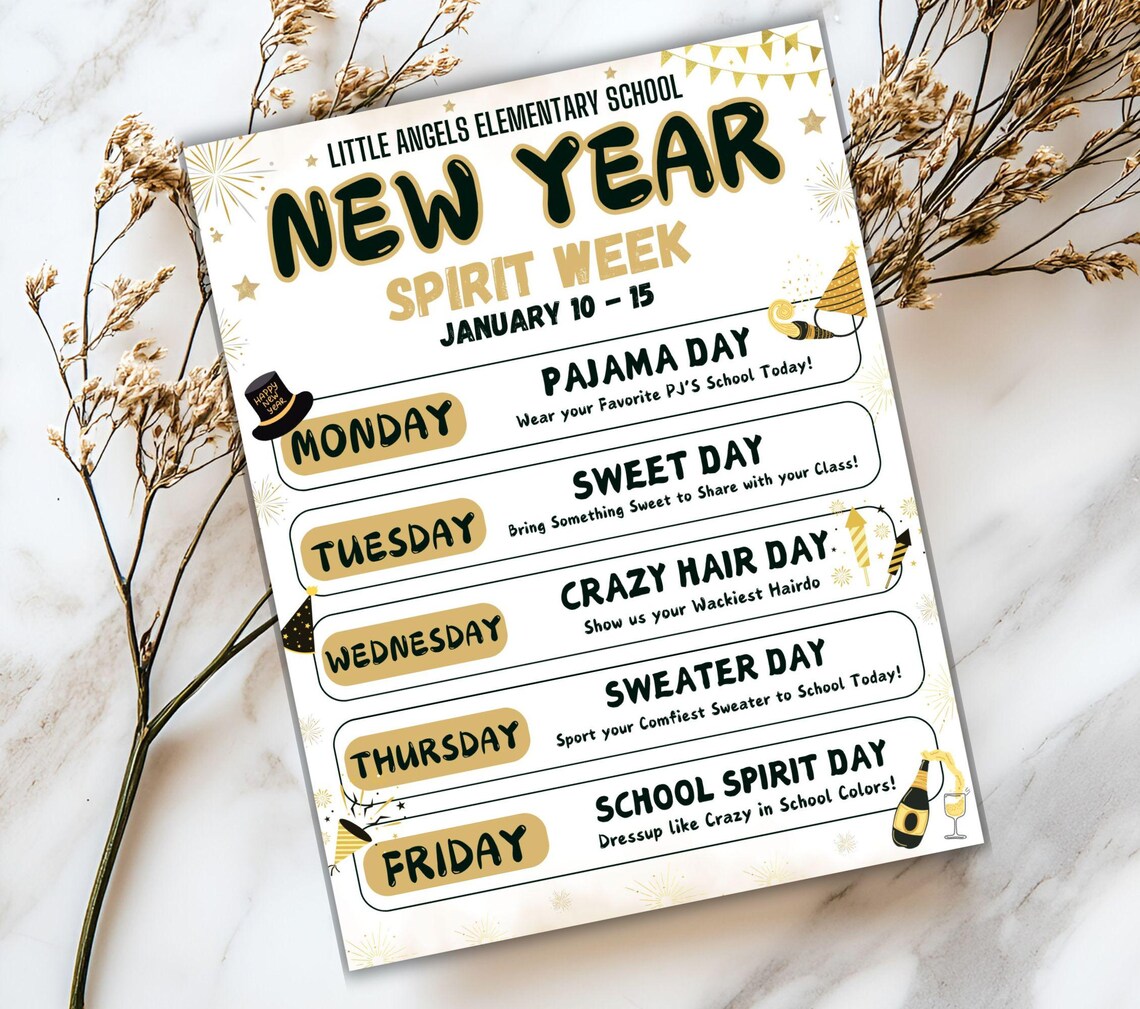 New Year's School Spirit Week Flyer Editable, PTO Schedule, January ...