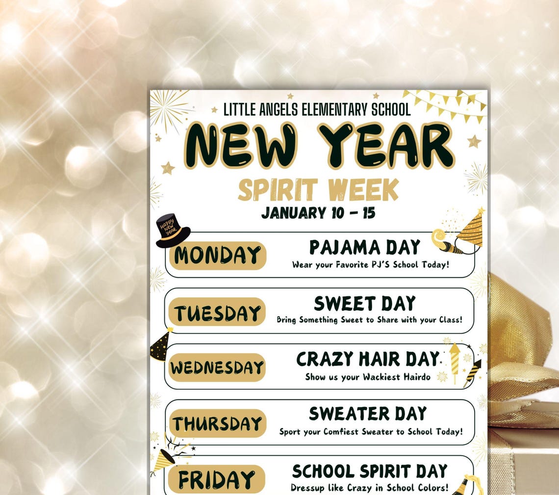 New Year's School Spirit Week Flyer Editable, PTO Schedule, January ...