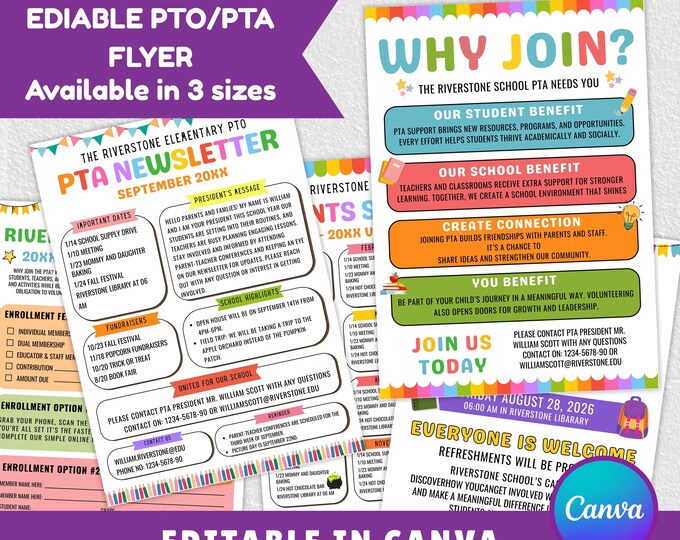 Editable PTO PTA Flyer Bundle Includes Newsletter, Volunteer ...