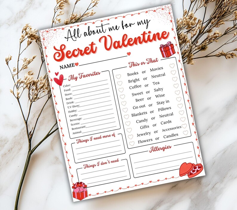 Secret Vealentine Gift Exchange Ideas Editable, All About Me Secret ...