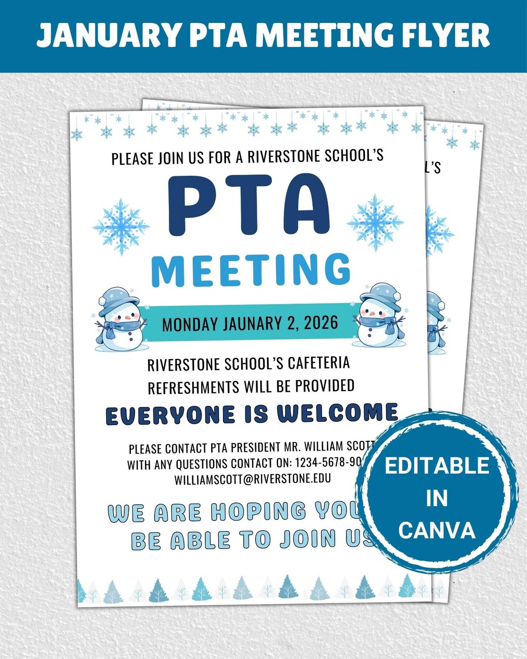 Editable Winter PTA Meeting Flyer, School Recruitment, January Meeting ...