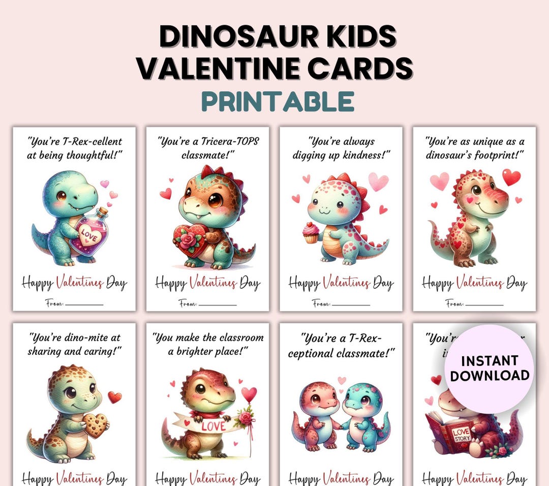 Dinosaur Valentine Cards for Kids Printable, Classroom Valentines Day ...