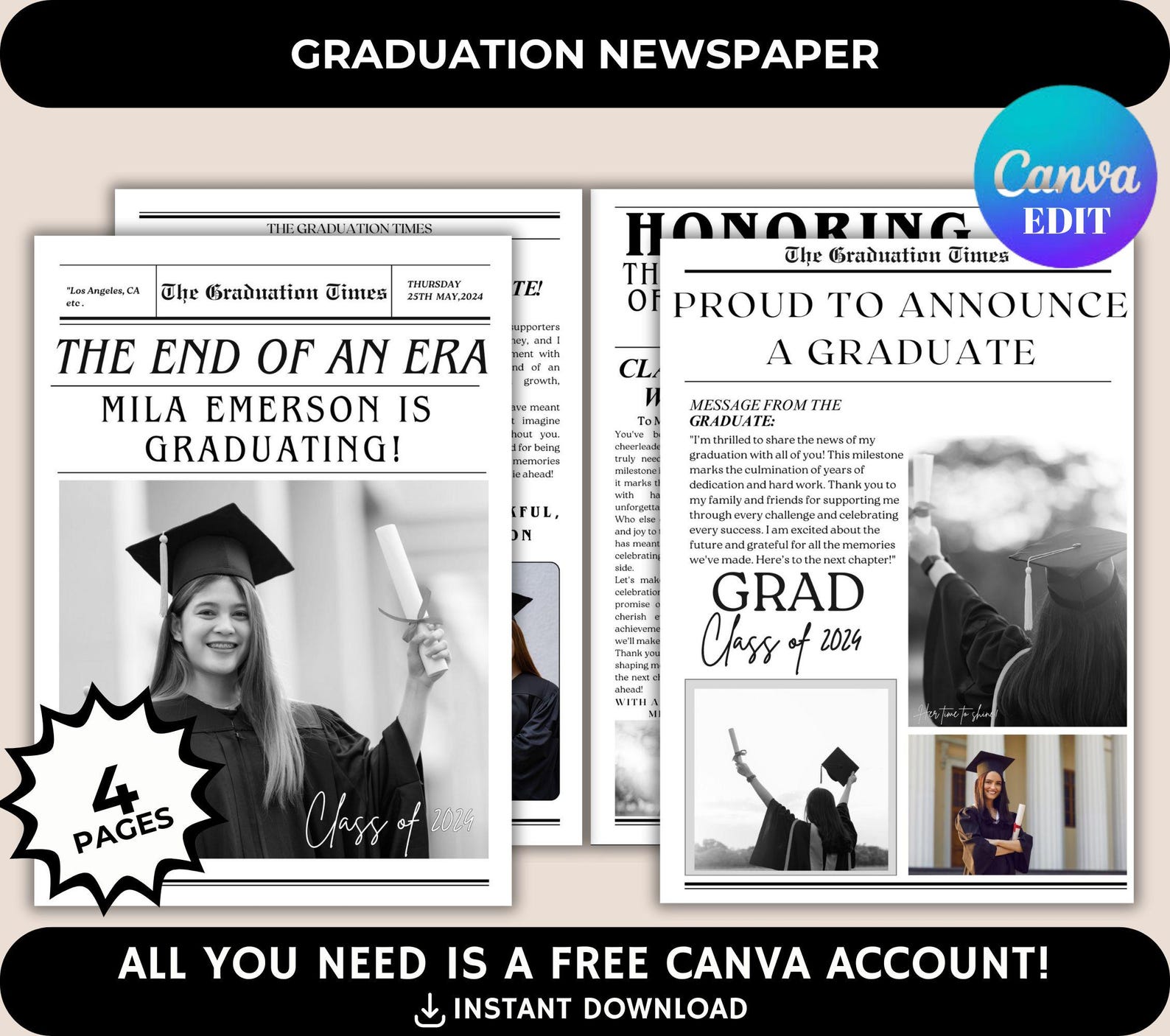 Graduation Newspaper Template Editable, Newspaper Graduate, Large ...