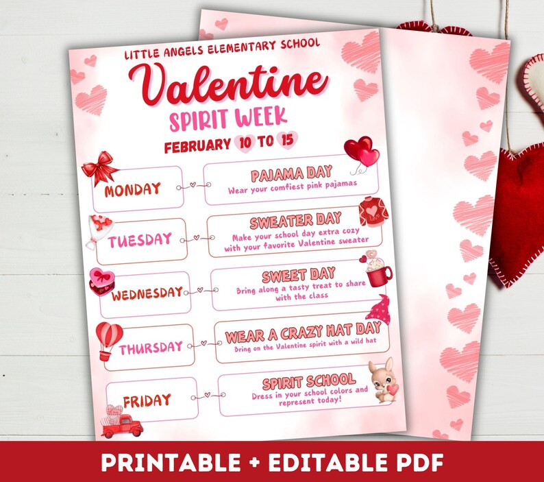 Editable Valentine's School Spirit Week Flyer, PTO Schedule, February ...