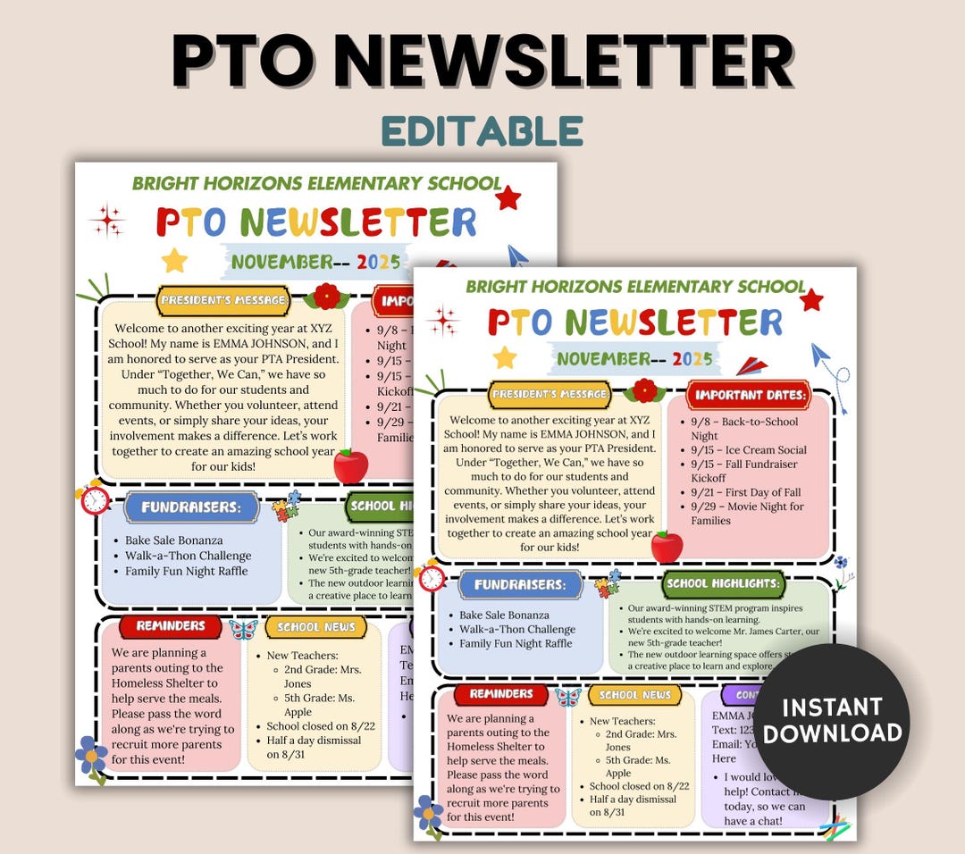 PTO PTA Newsletter Editable Template, Parent Communication, President's ...