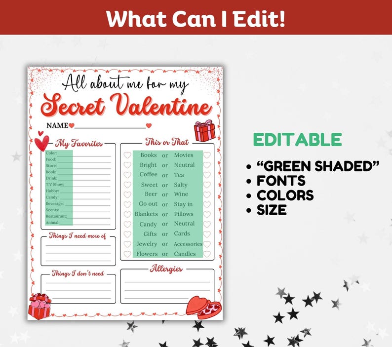 Secret Vealentine Gift Exchange Ideas Editable, All About Me Secret ...