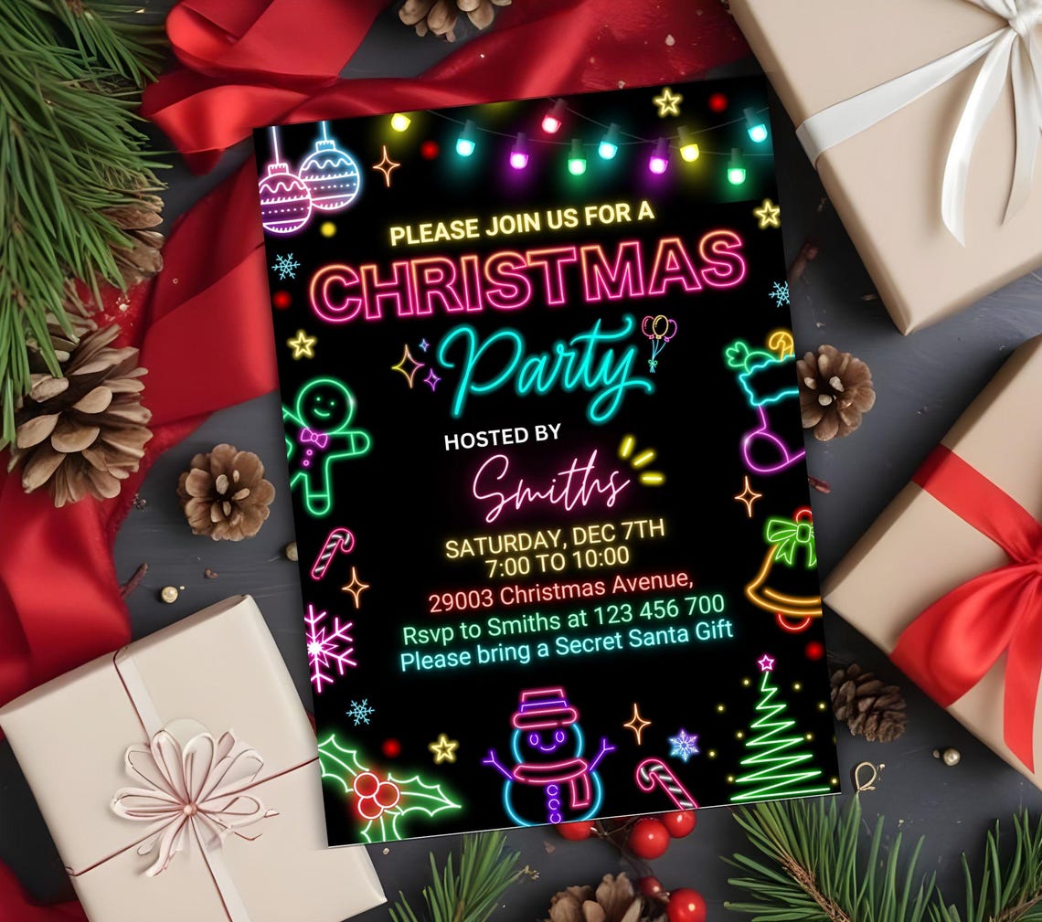 Editable Neon Christmas Party Invitation Template, Glow in the Dark ...