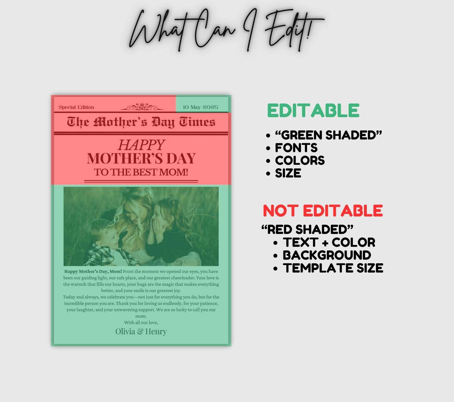 Editable Mothers Day Newspaper Template, Personalized Mother's Day Gift ...