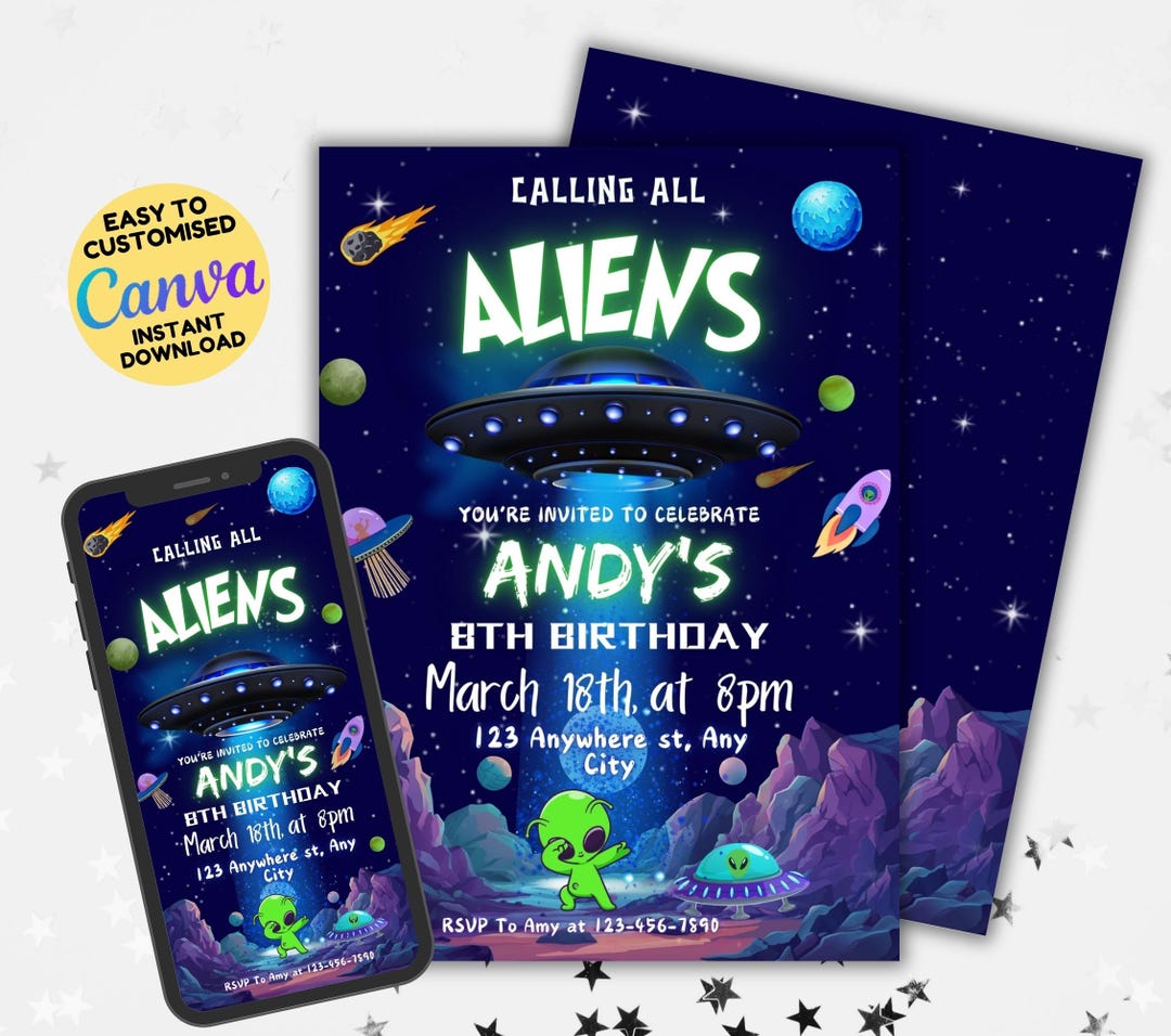 Editable Alien Birthday Invitation, UFO Invitation, Alien Invitation ...