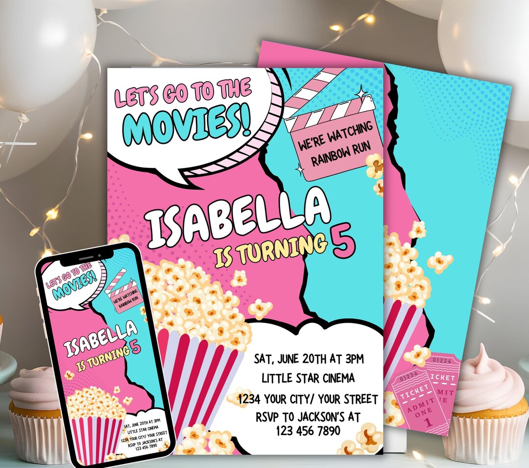 Editable Movie Birthday Invitation Template, Movies & Popcorn Party ...