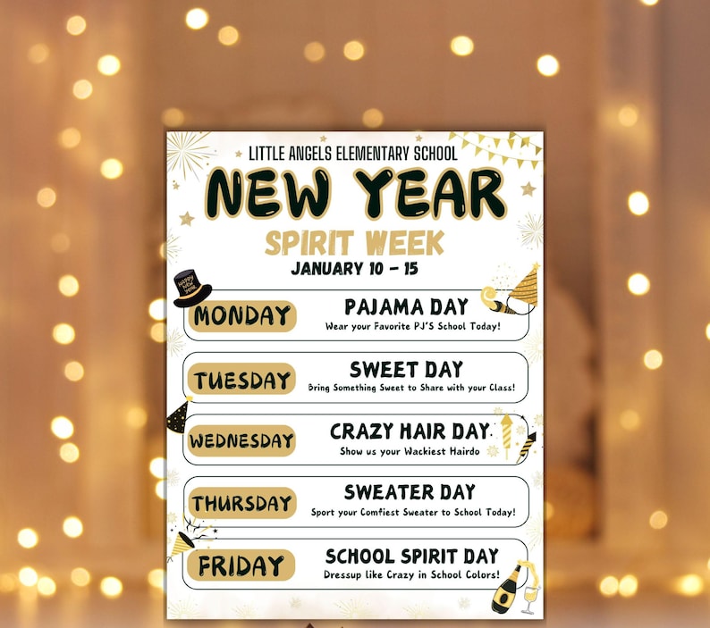 New Year's School Spirit Week Flyer Editable, PTO Schedule, January ...