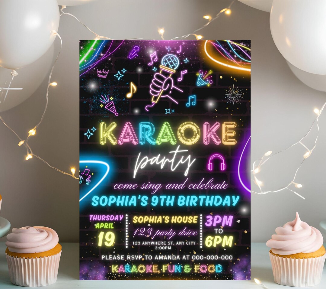 Editable Karaoke Birthday Party Invitation, Neon Glow Karaoke Birthday ...