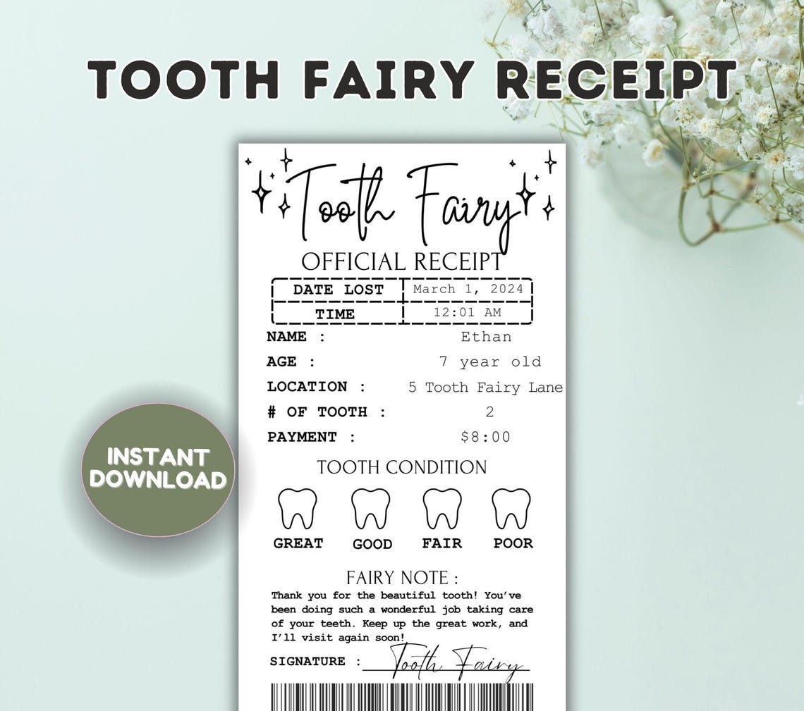 Editable Tooth Fairy Receipt Printable Certificate, First Tooth Lost ...