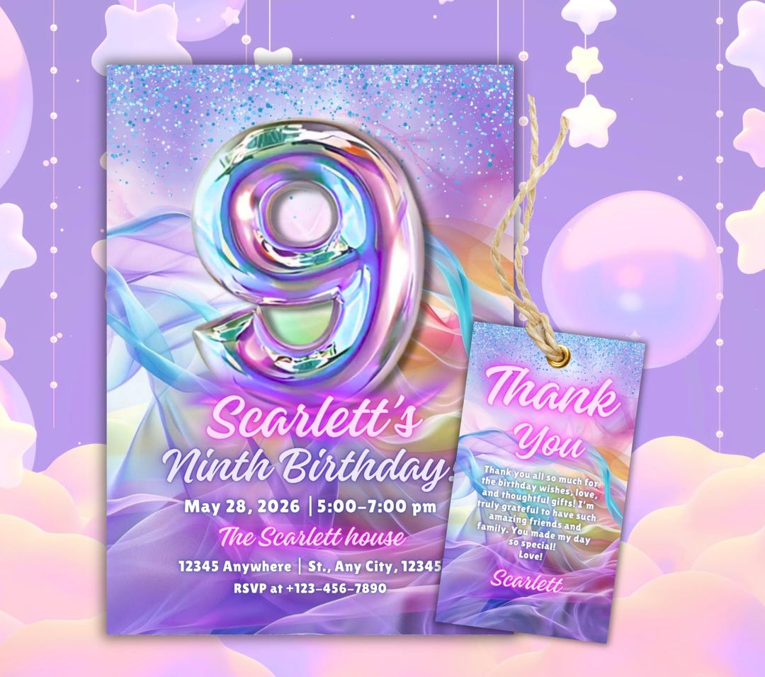 Editable 9th Birthday Girl Invite, Rainbow Foil Girl Invitation, Pink ...