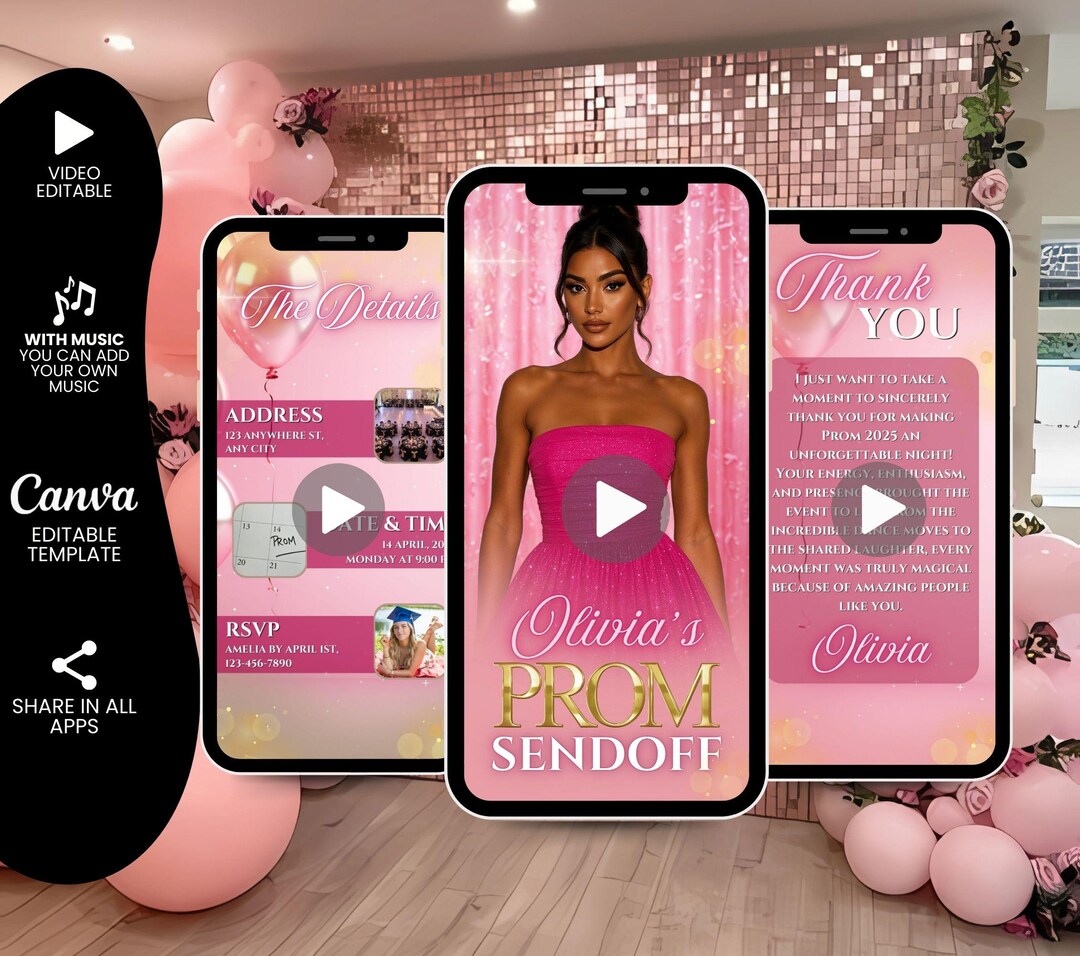 Digital Prom Send off Invitation, Editable Pink Gold Girls Flyer ...