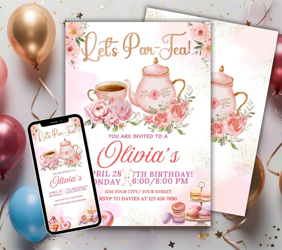 Tea Party Birthday Invitation Editable, Pink and Gold Par-tea Invite ...