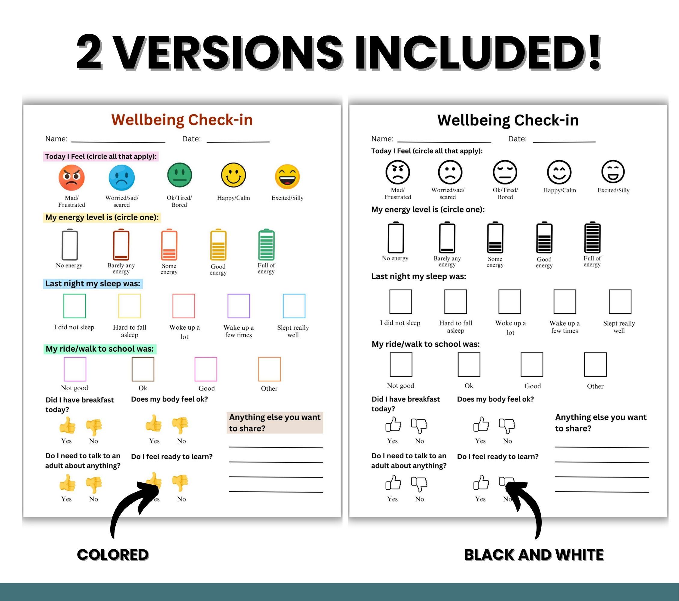 Student Wellness Check-in Printable, Daily Student Check-in, Wellbeing ...