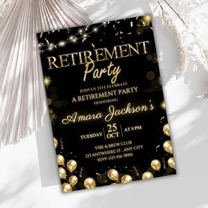 Editable Retirement Party Invitation Template, Retirement Dinner Elegant Black White Gold ...