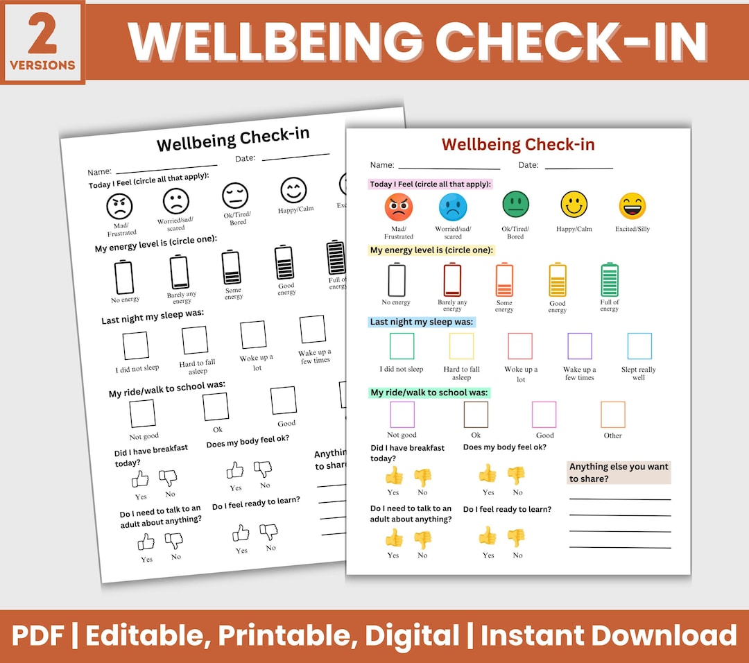Student Wellness Check-in Printable, Daily Student Check-in, Wellbeing ...