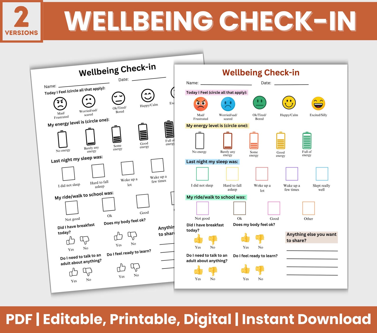 Student Wellness Check-in Printable, Daily Student Check-in, Wellbeing ...