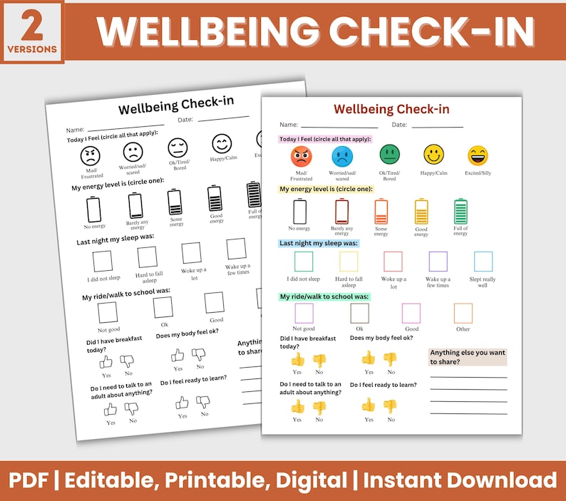 Student Wellness Check-in Printable, Daily Student Check-in, Wellbeing ...