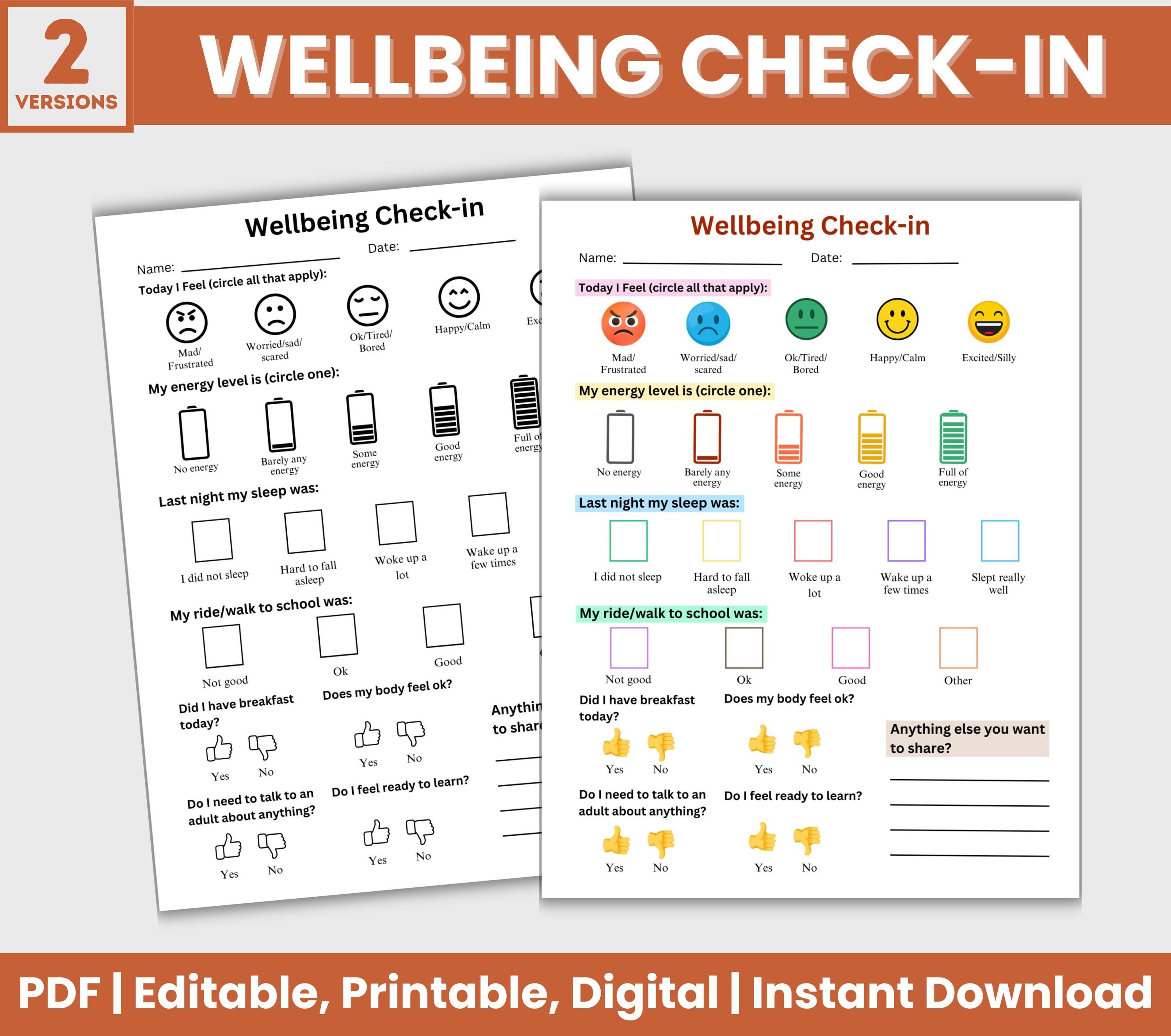 Student Wellness Check-in Printable, Daily Student Check-in, Wellbeing ...