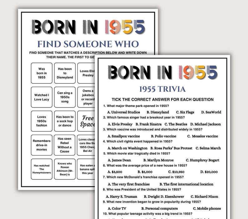 1955 Birthday Party Games Bundle, Printable Trivia (PDF Download) - Etsy