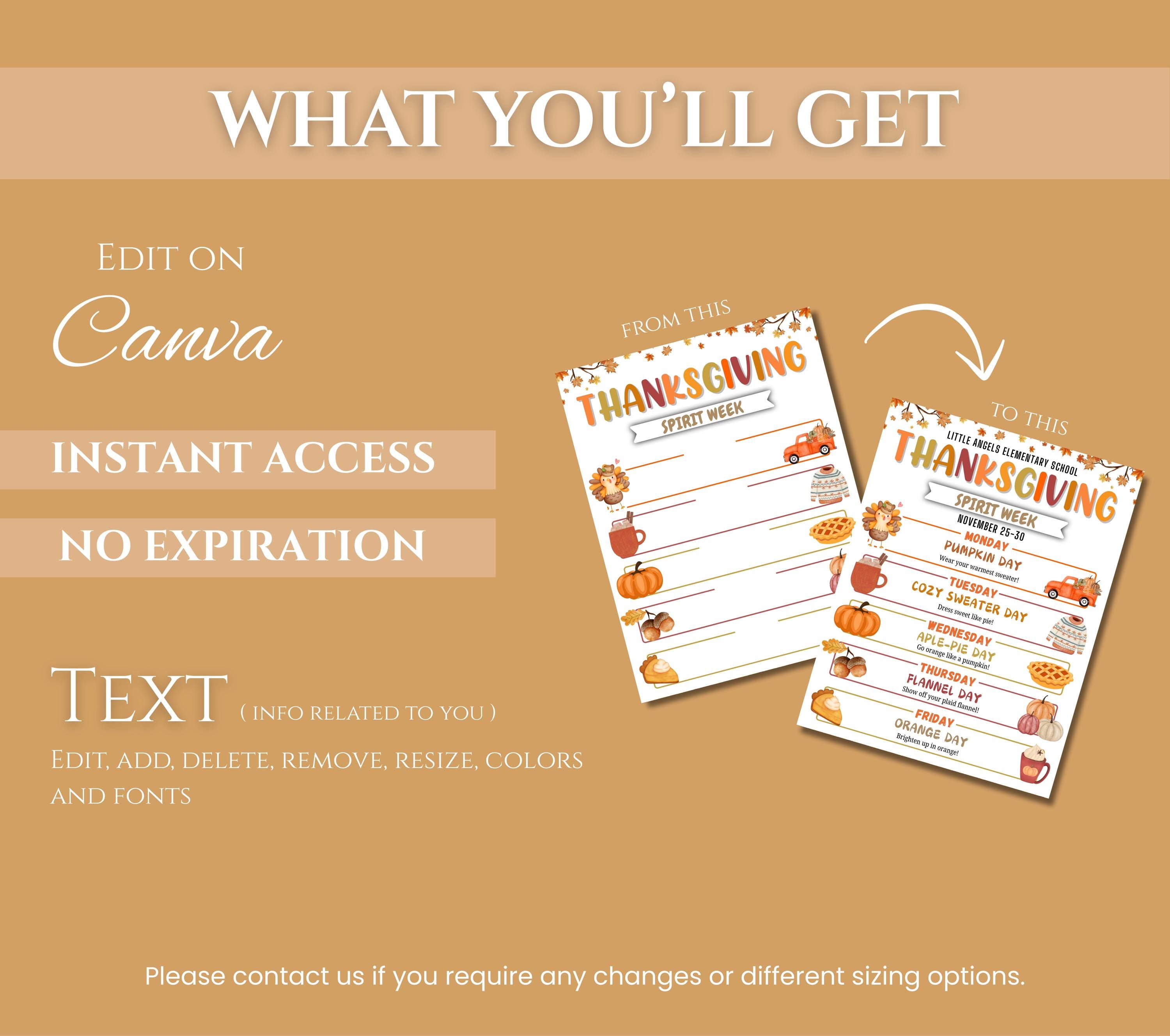 November School Spirit Week Itinerary Schedule, Editable Thanksgiving ...