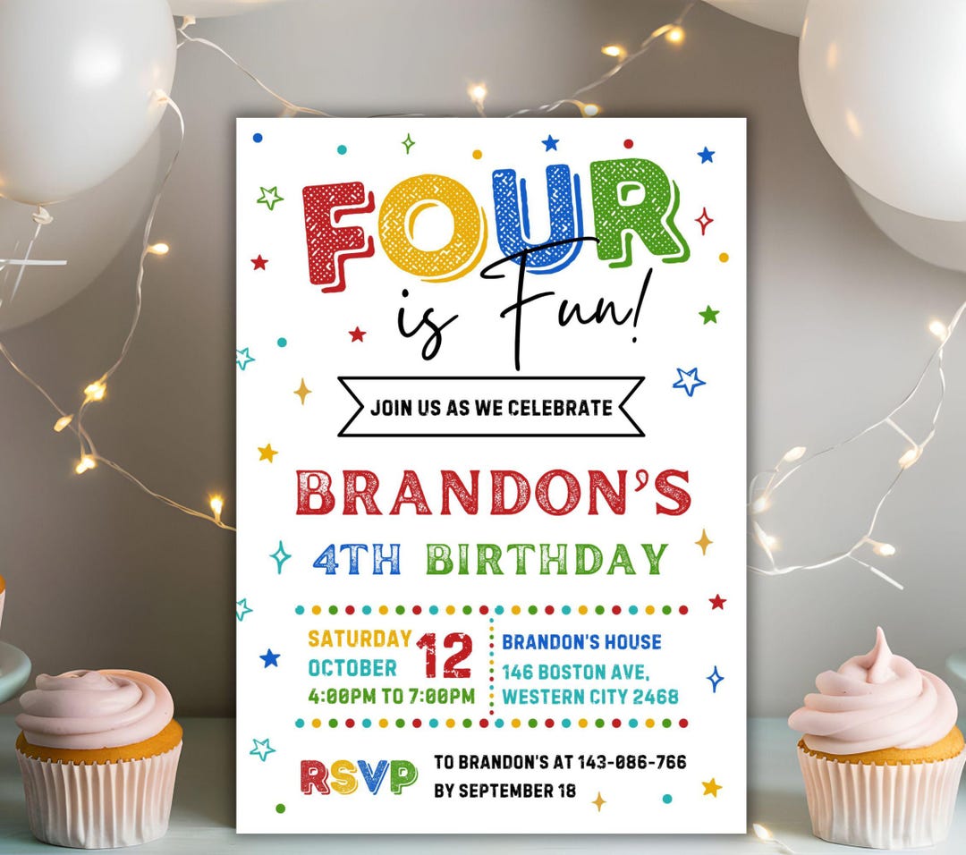 Simple Colorful Birthday Invite, 4th Birthday Invitation, Confetti ...