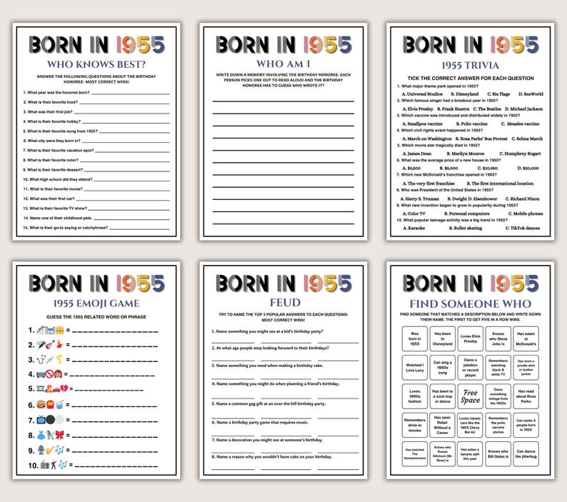 1955 Birthday Party Games Bundle, Printable Trivia (PDF Download) - Etsy