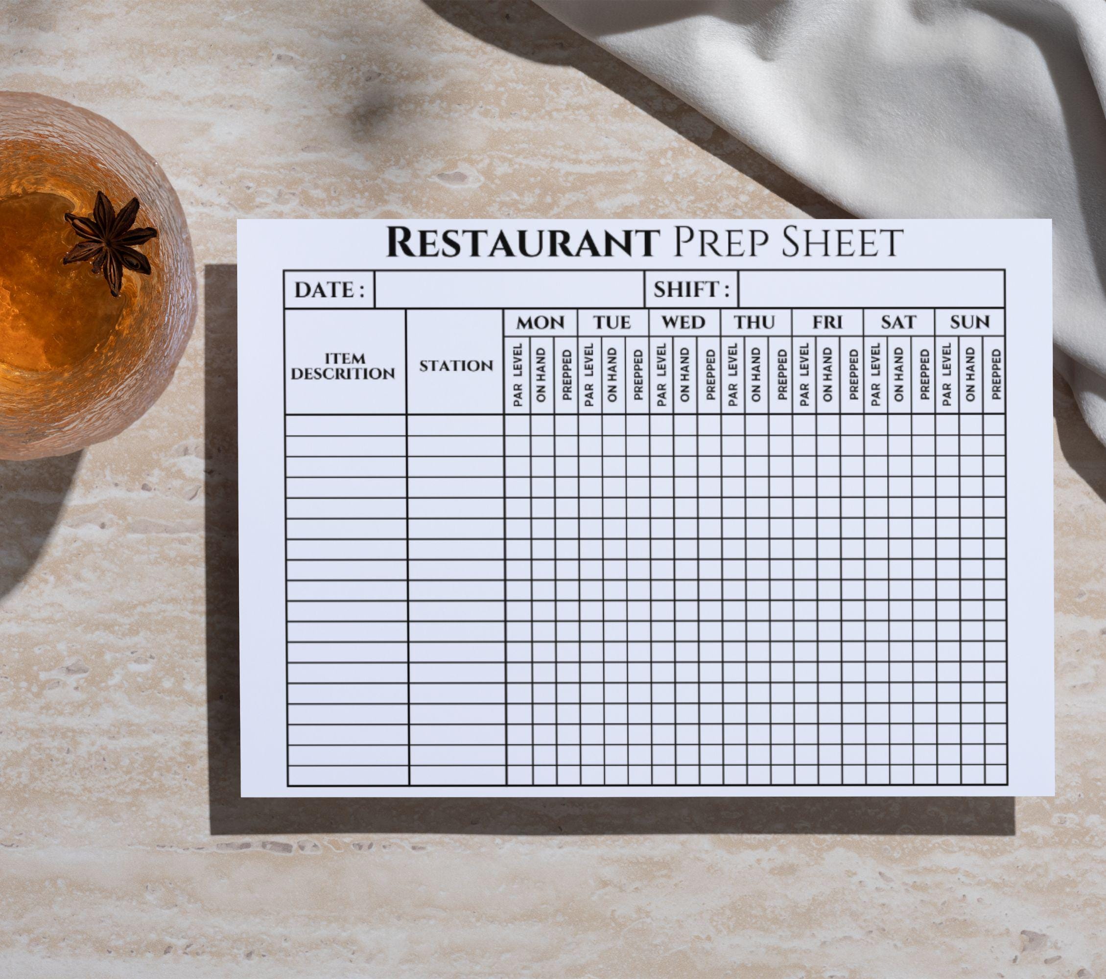 Restaurant Prep Sheet Printable, Food Prep Chart, Food Prep Sheet ...