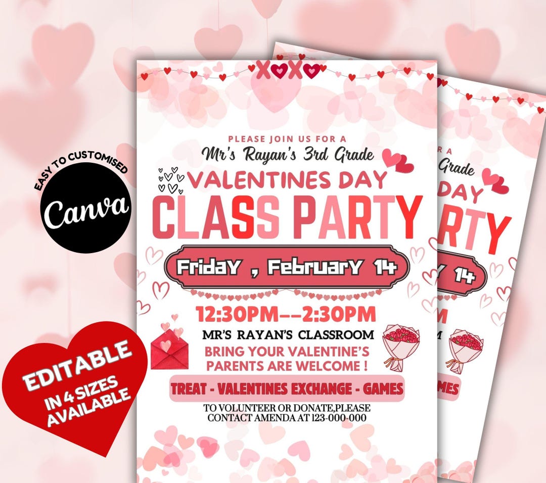 Editable Valentines Class Party Invite, Elementary School Party Flyer ...