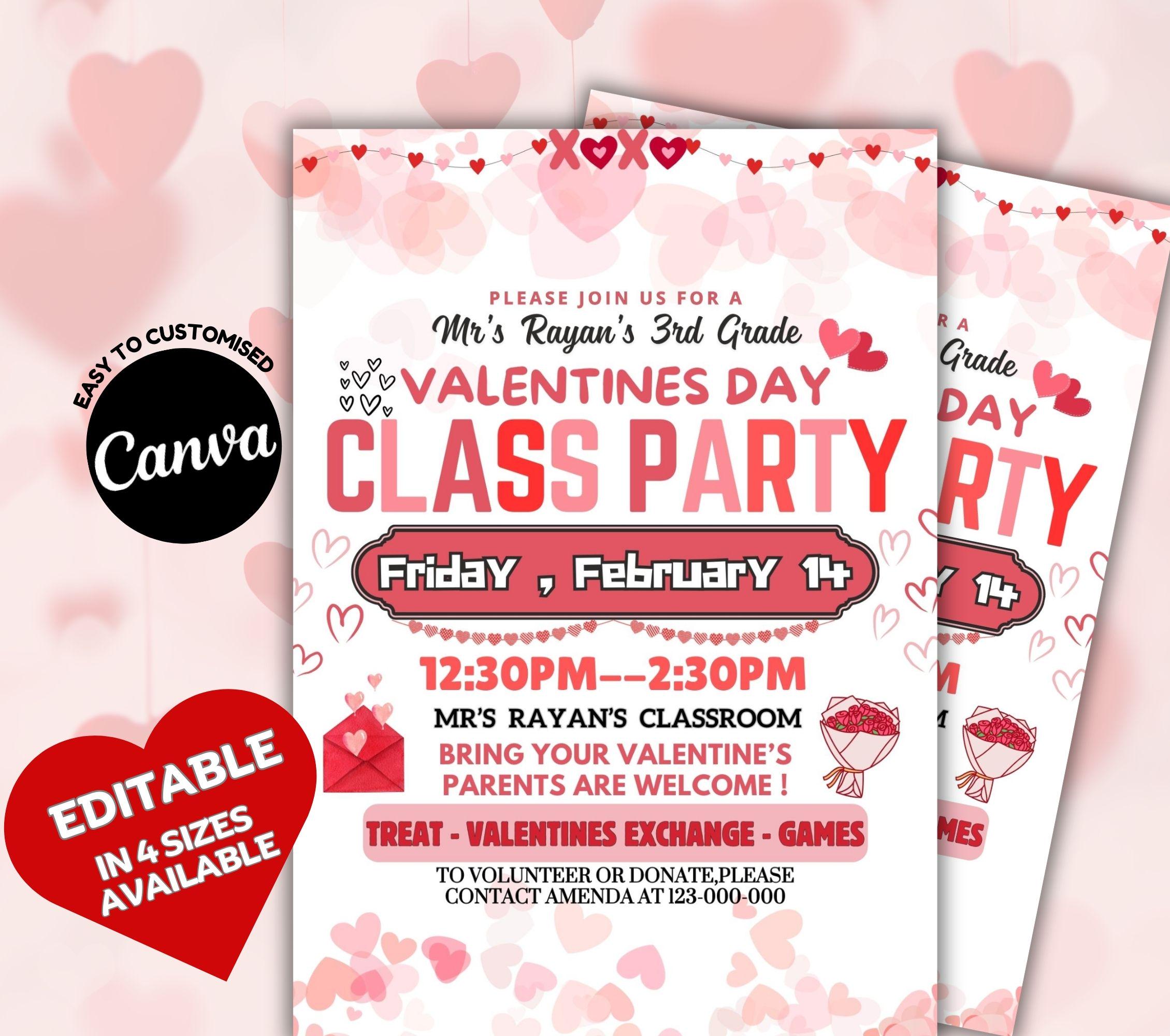 Editable Valentines Class Party Invite, Elementary School Party Flyer ...