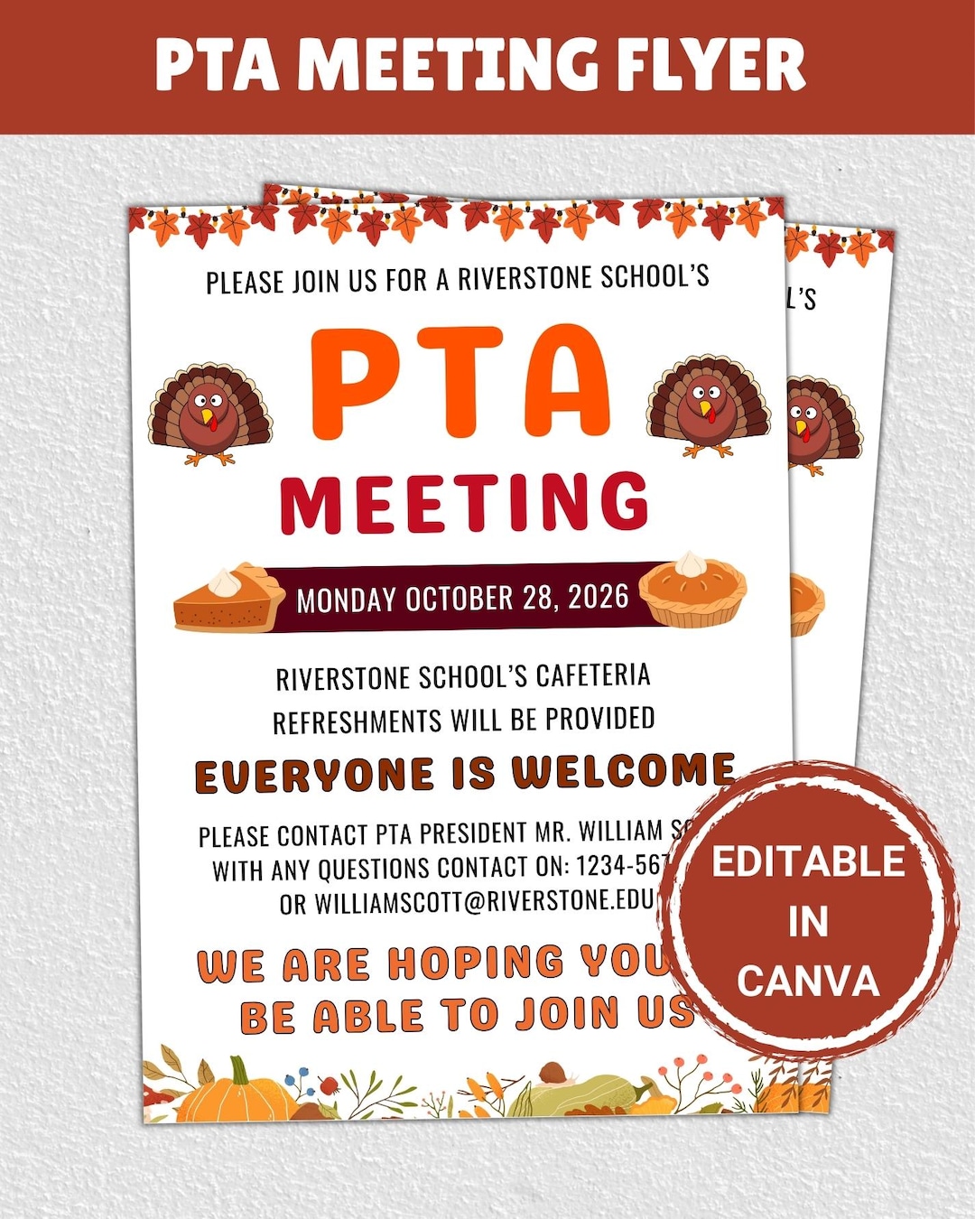 Editable November PTA Meeting Flyer, School Recruitment, Thanksgiving ...
