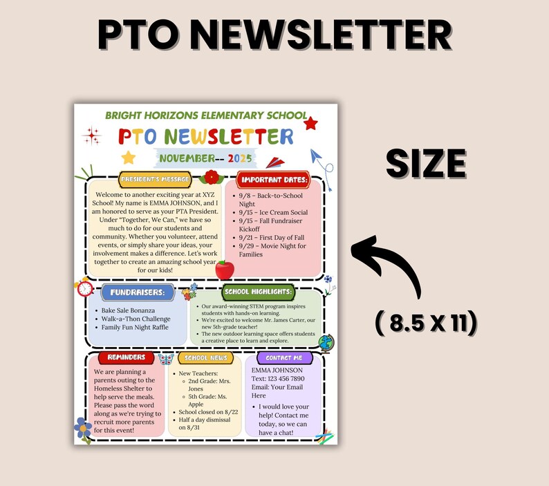 PTO PTA Newsletter Editable Template, Parent Communication, President's ...