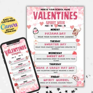 Editable Valentine's School Spirit Week Flyer, PTO Schedule, February ...