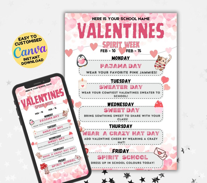 Editable Valentine's School Spirit Week Flyer, PTO Schedule, February ...