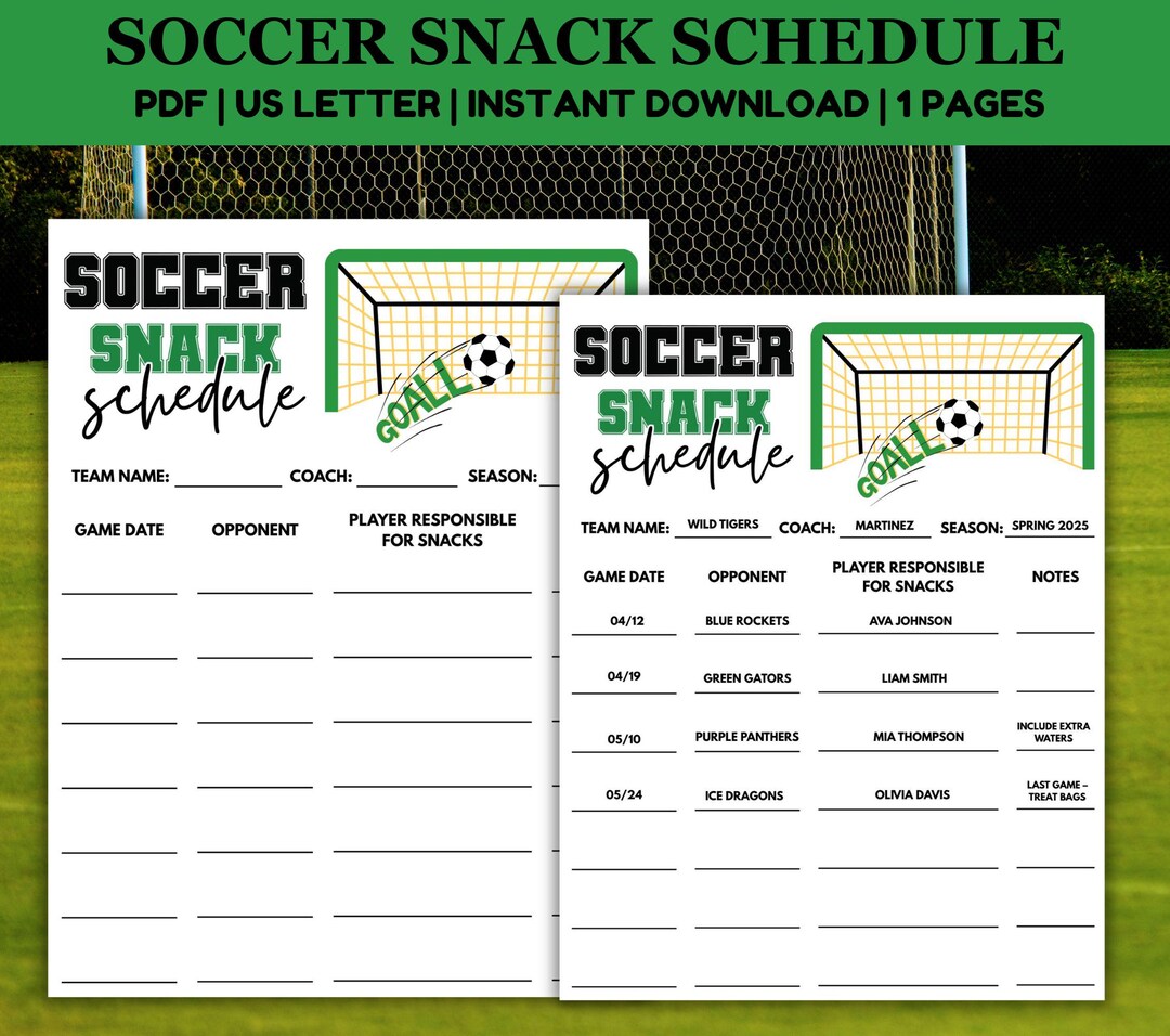 Soccer Snack Schedule Printable, Soccer Game Day Snack Sign up Sheet ...