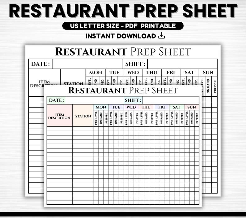Restaurant Prep Sheet Printable, Food Prep Chart, Food Prep Sheet ...