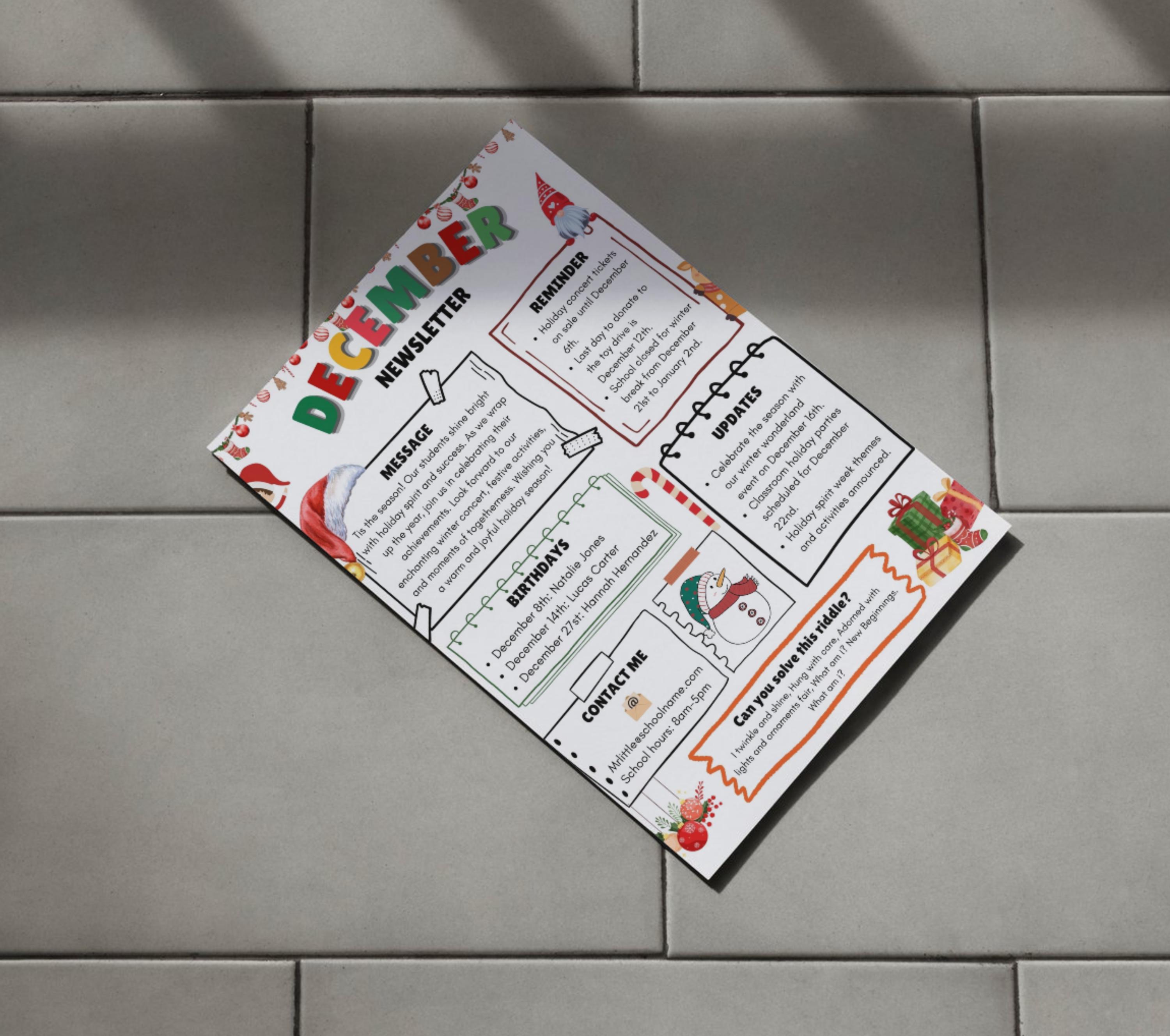 December Monthly Newsletter Template, Back to School, Weekly Classroom ...