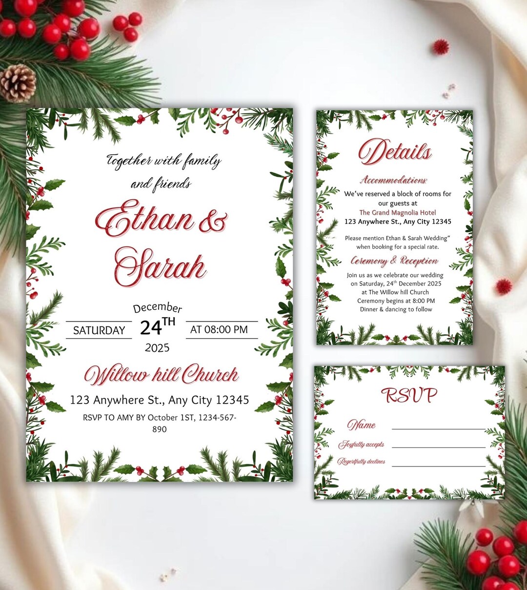 Christmas Wedding Invitation, Holiday Wedding Invitation Template ...